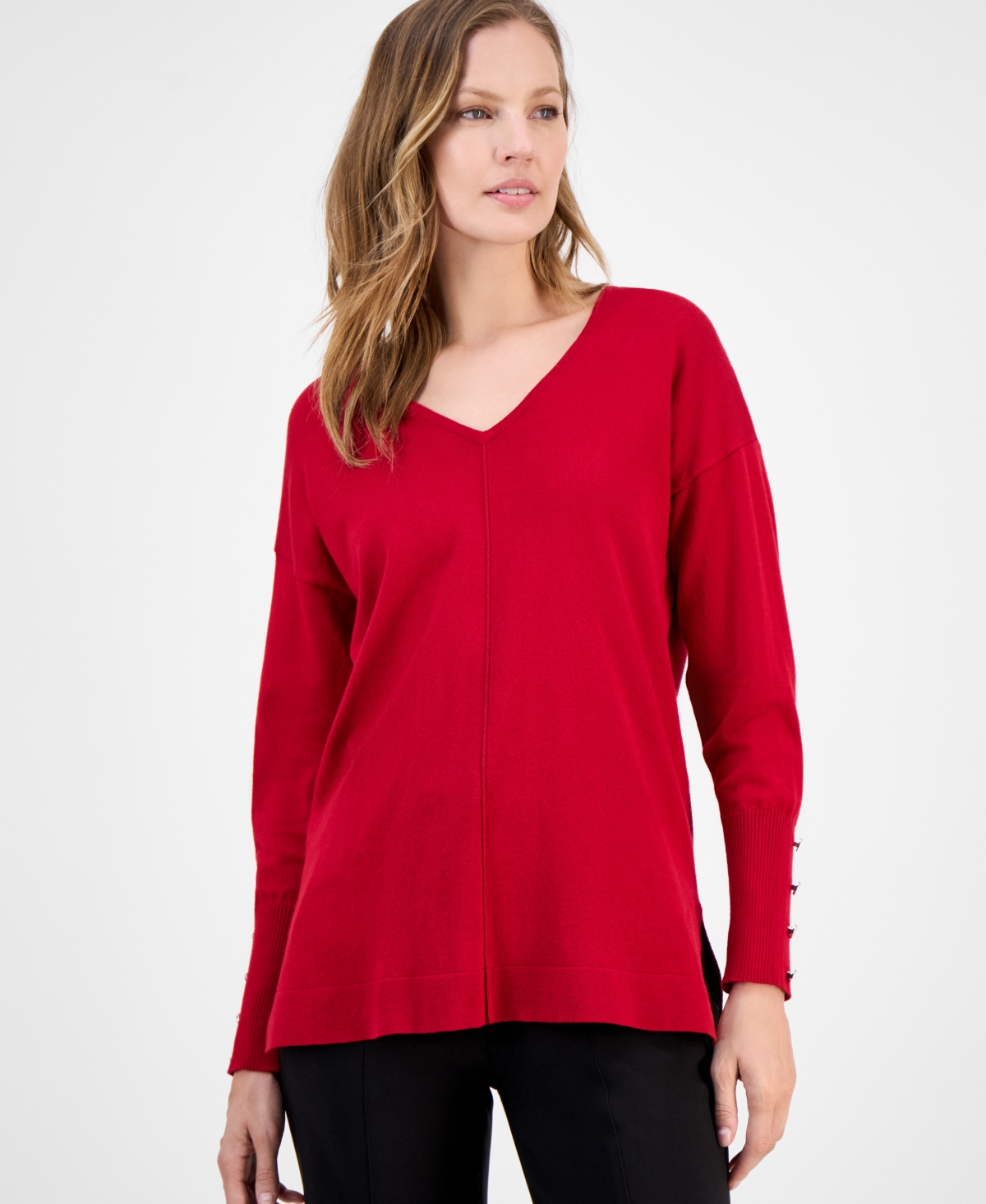 Click here for Ak Anne Klein Womens Button-Cuff V-Neck Top - Medi... prices