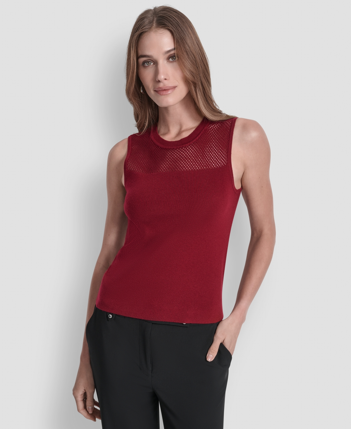 Click here for Dkny Womens Sleeveless Mesh Yoke Sweater - Merlot prices