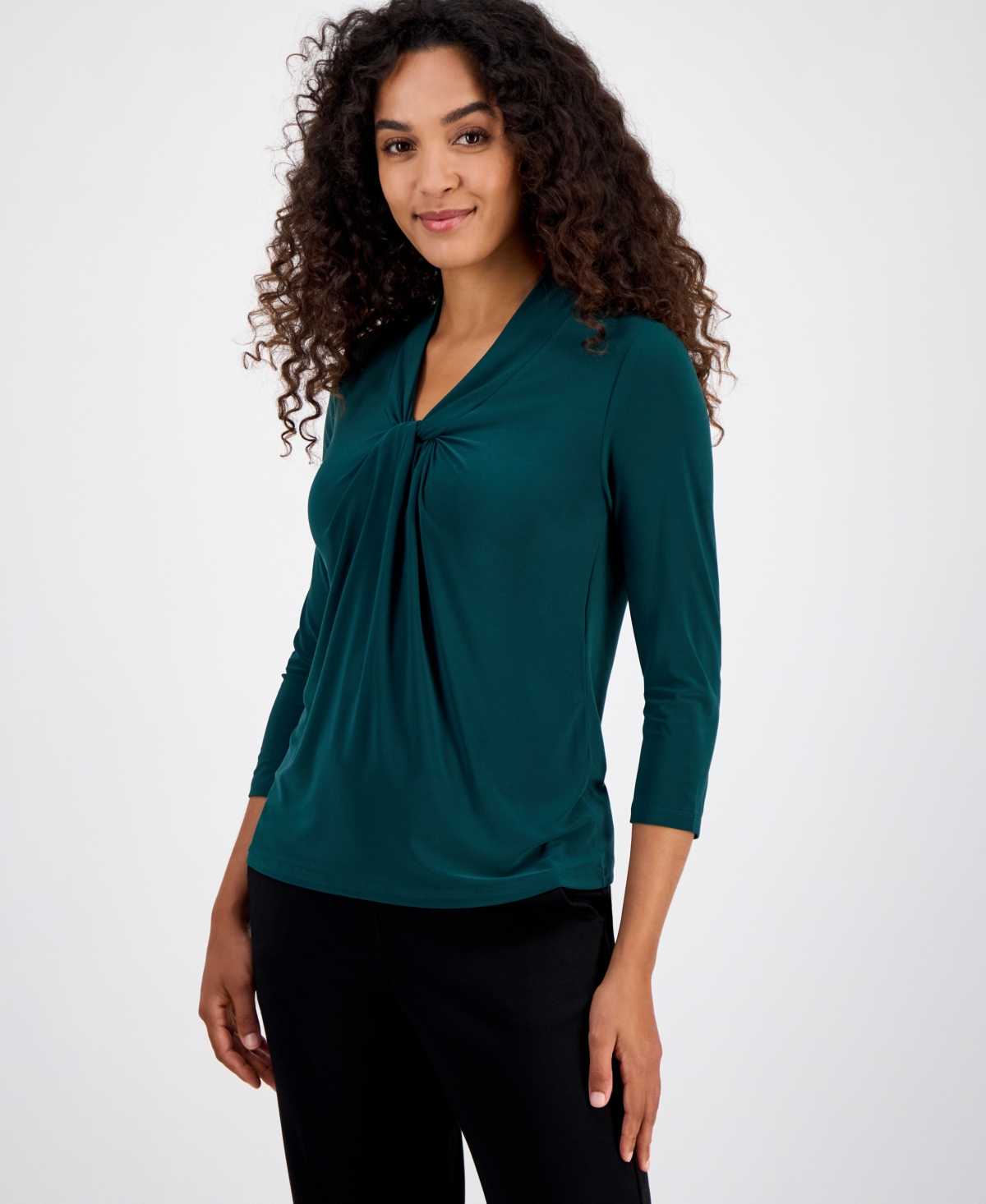 Click here for Kasper Womens Knot-Front 3/4-Sleeve Blouse - Everg... prices