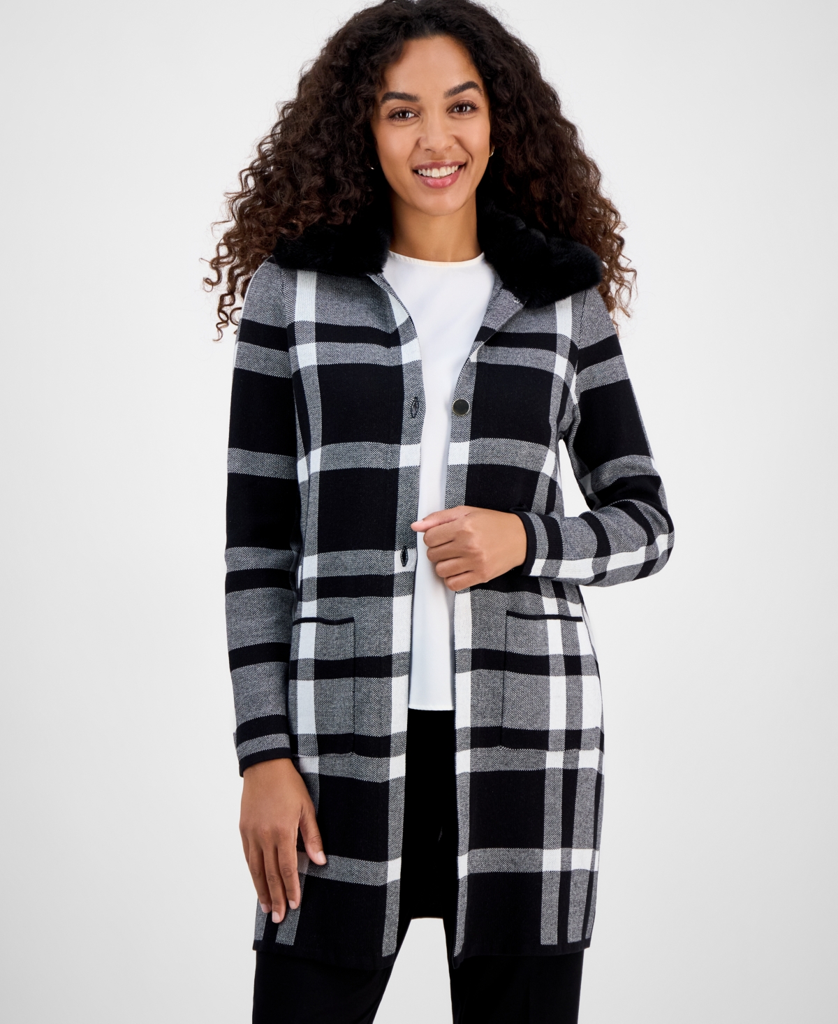 Click here for Kasper Womens Plaid Faux-Fur-Collar Coatigan - Bla... prices