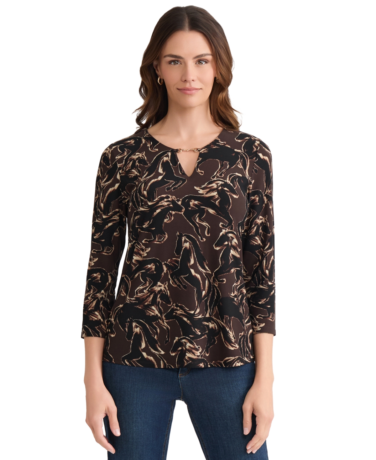Click here for Jones New York Womens Trimmed V-Neck Printed Top -... prices