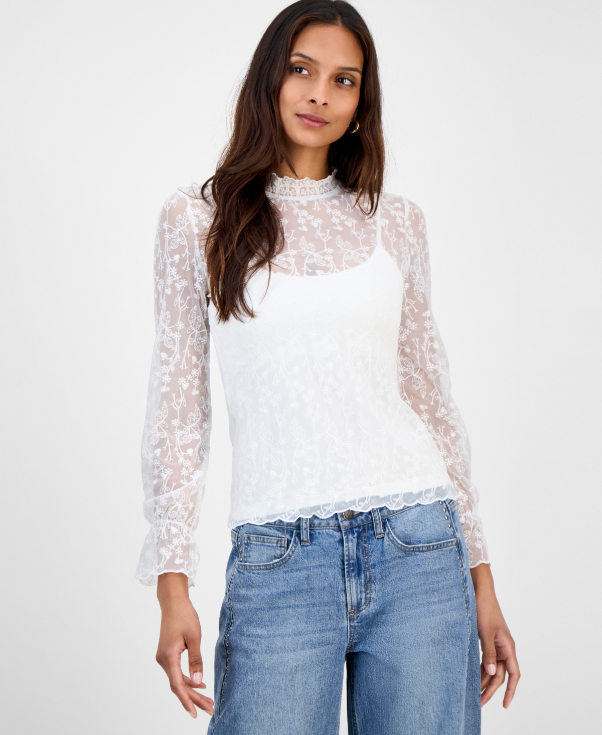 Click here for And Now This Womens Embroidered Mesh Mock Neck Top... prices