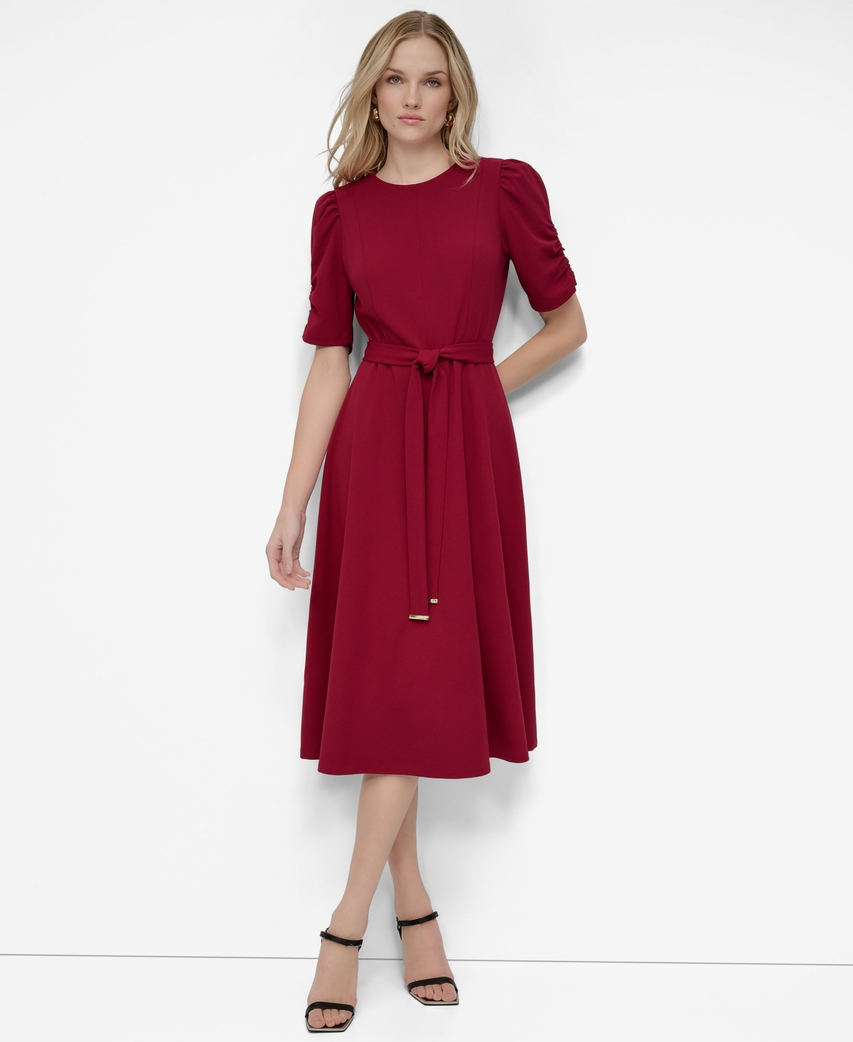 Click here for Dkny Womens Ruched-Sleeve Belted Fit and Flare Mid... prices