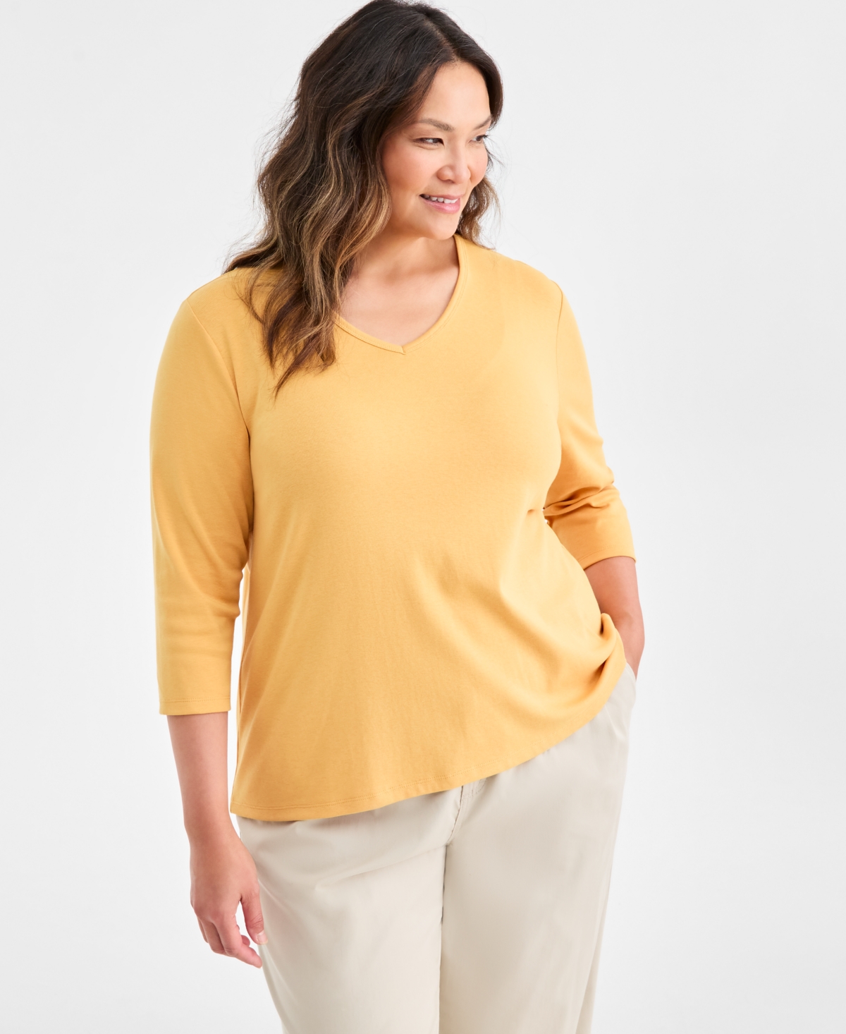 Click here for Style & Co Plus Size Cotton V-Neck 3/4-Sleeve Top... prices