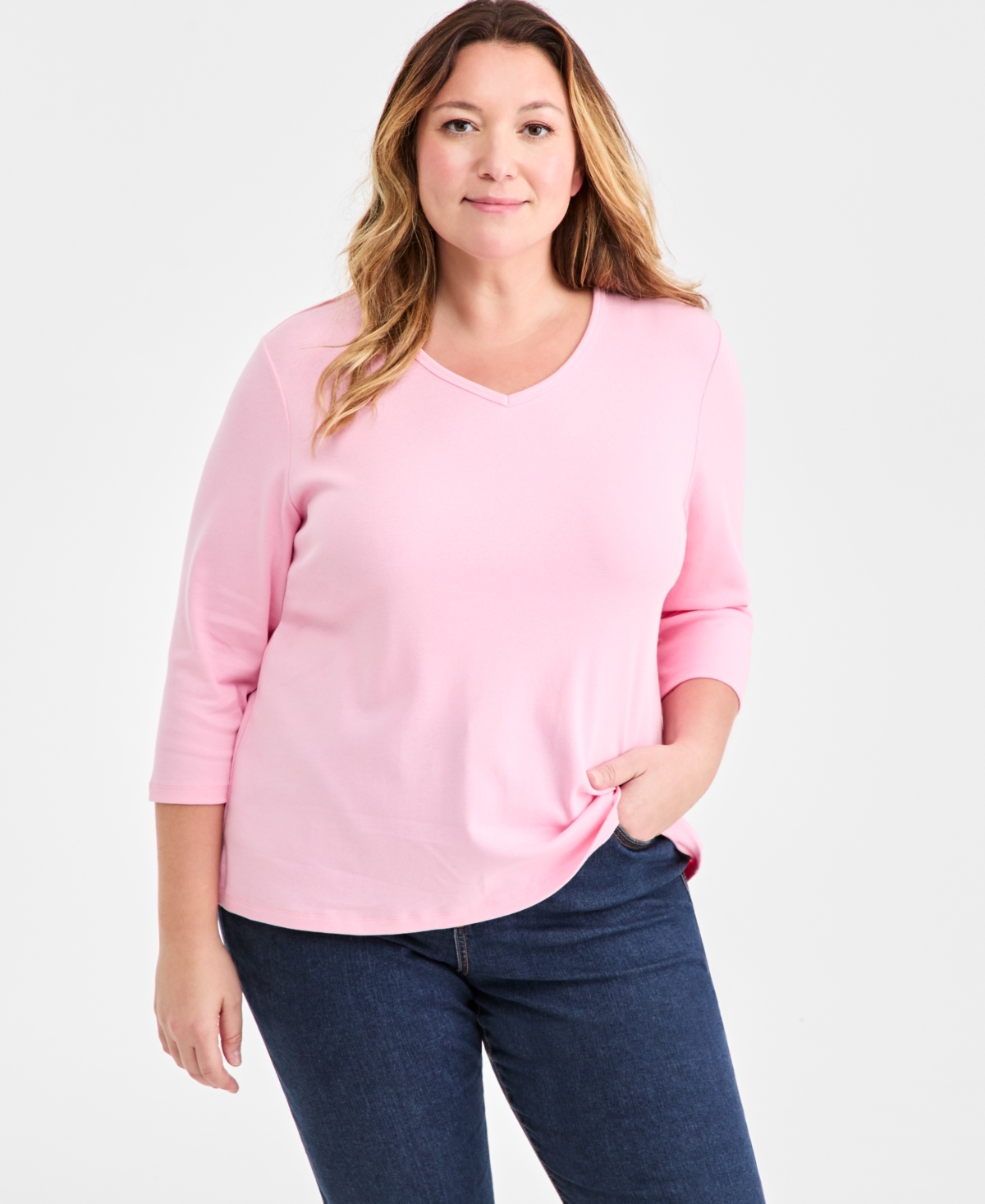Click here for Style & Co Plus Size Cotton V-Neck 3/4-Sleeve Top... prices