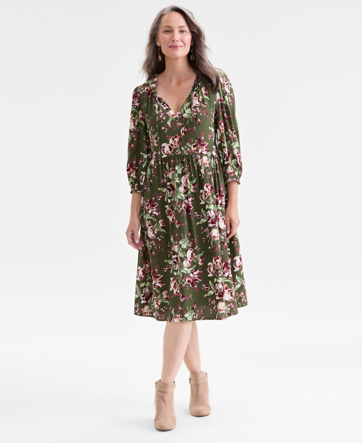 Click here for Style & Co Womens Printed Ruffle-Trim Split-Neck D... prices