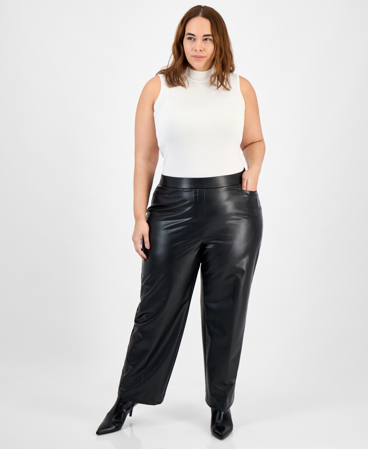 Click here for Kasper Plus Size High Rise Faux Leather Pants - Bl... prices