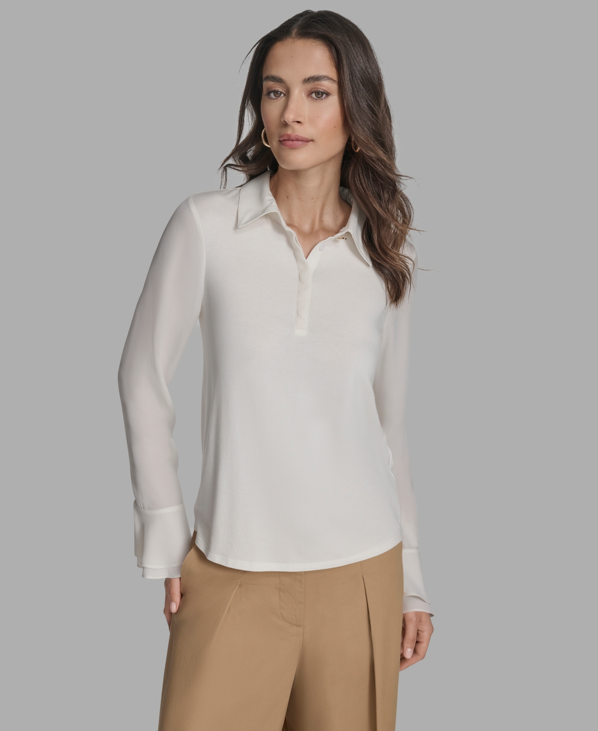 Click here for Bcbg Womens Long Sleeve Ruffle-Cuff Collared Top -... prices