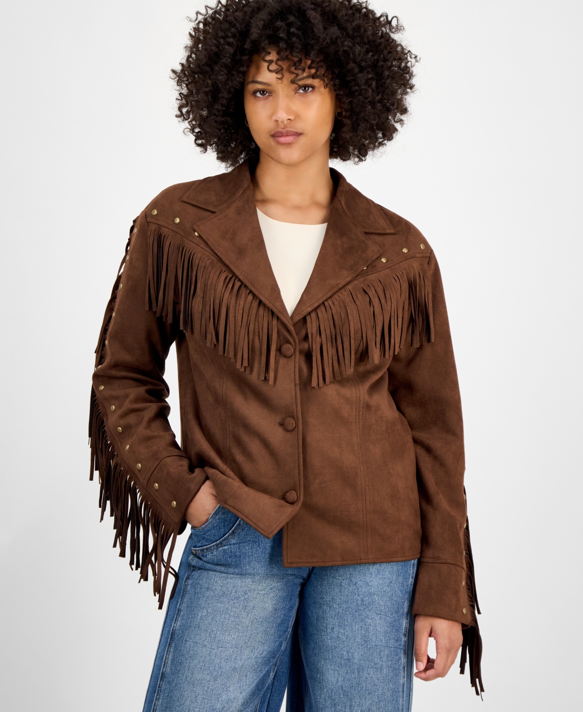 Click here for And Now This Womens Faux-Suede Fringe Studded Jack... prices
