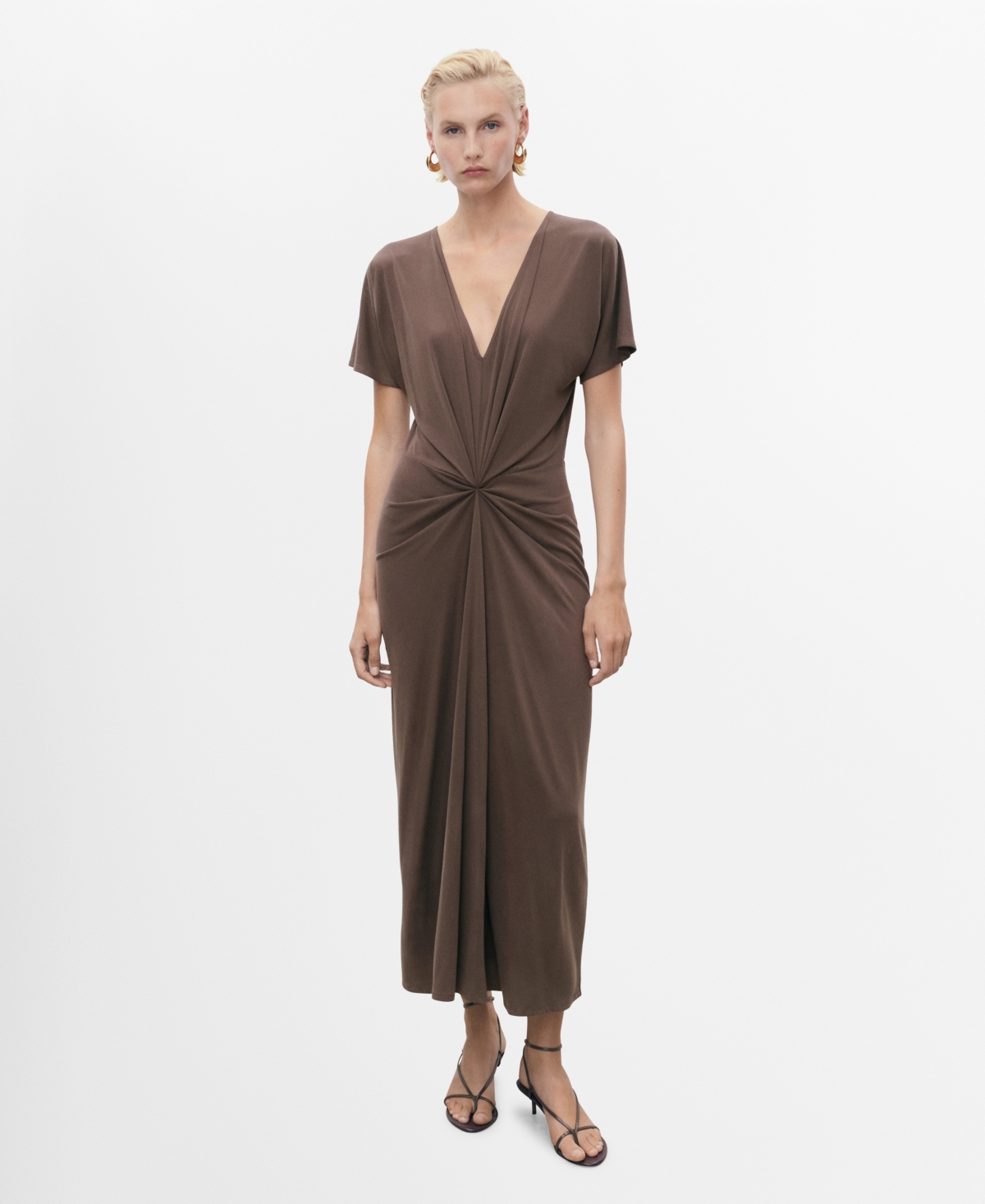 Click here for Mango Womens Gathered Neckline V-Neck Dress - Brow... prices