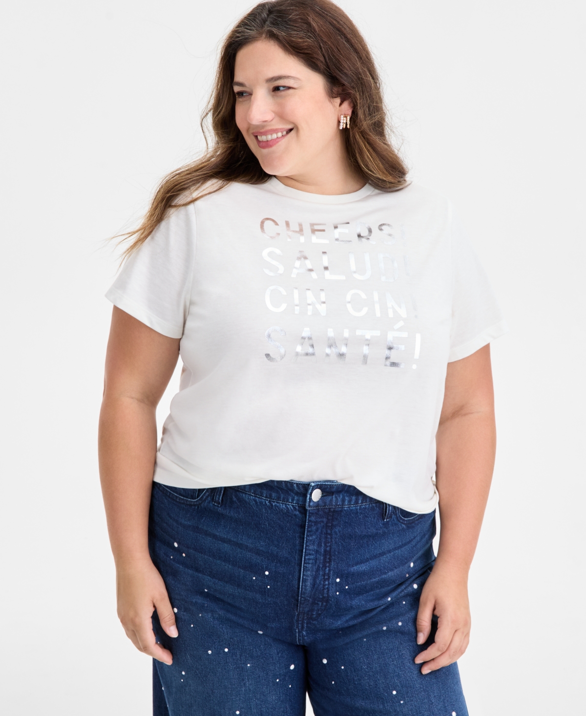 Click here for On 34th Trendy Plus Size Metallic Message Print T-... prices