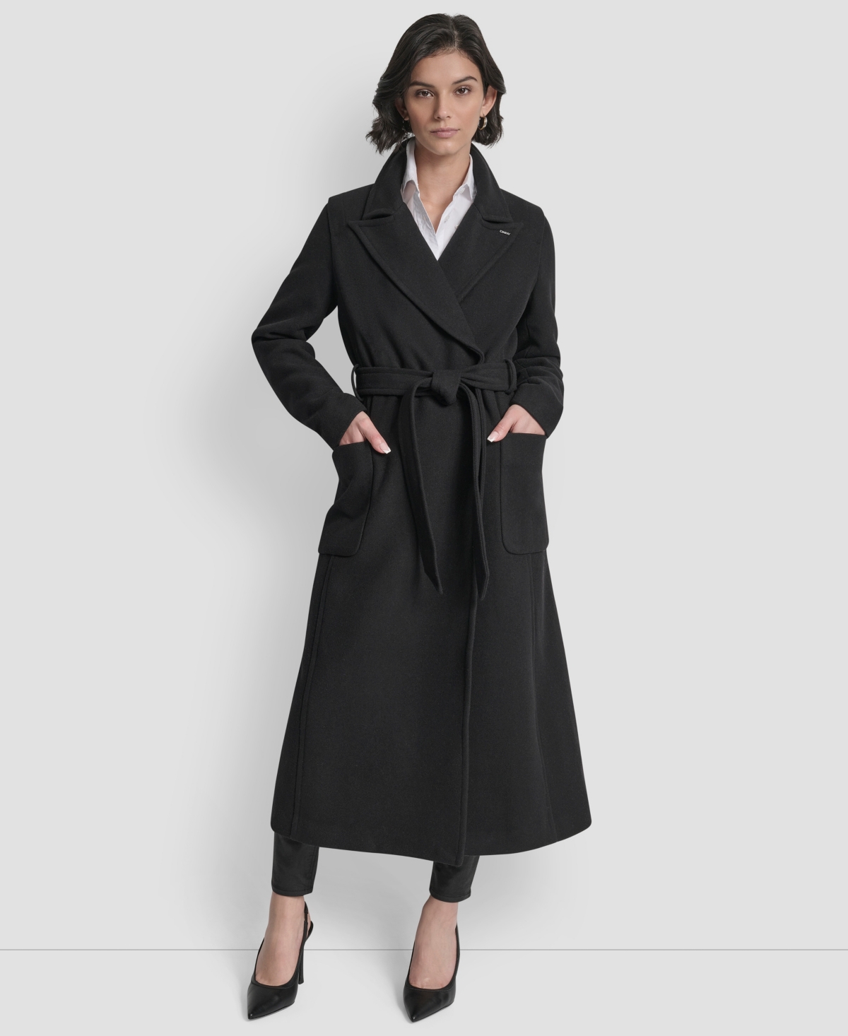 Click here for Dkny Womens Notch Collar Belted Wrap Coat - Black prices