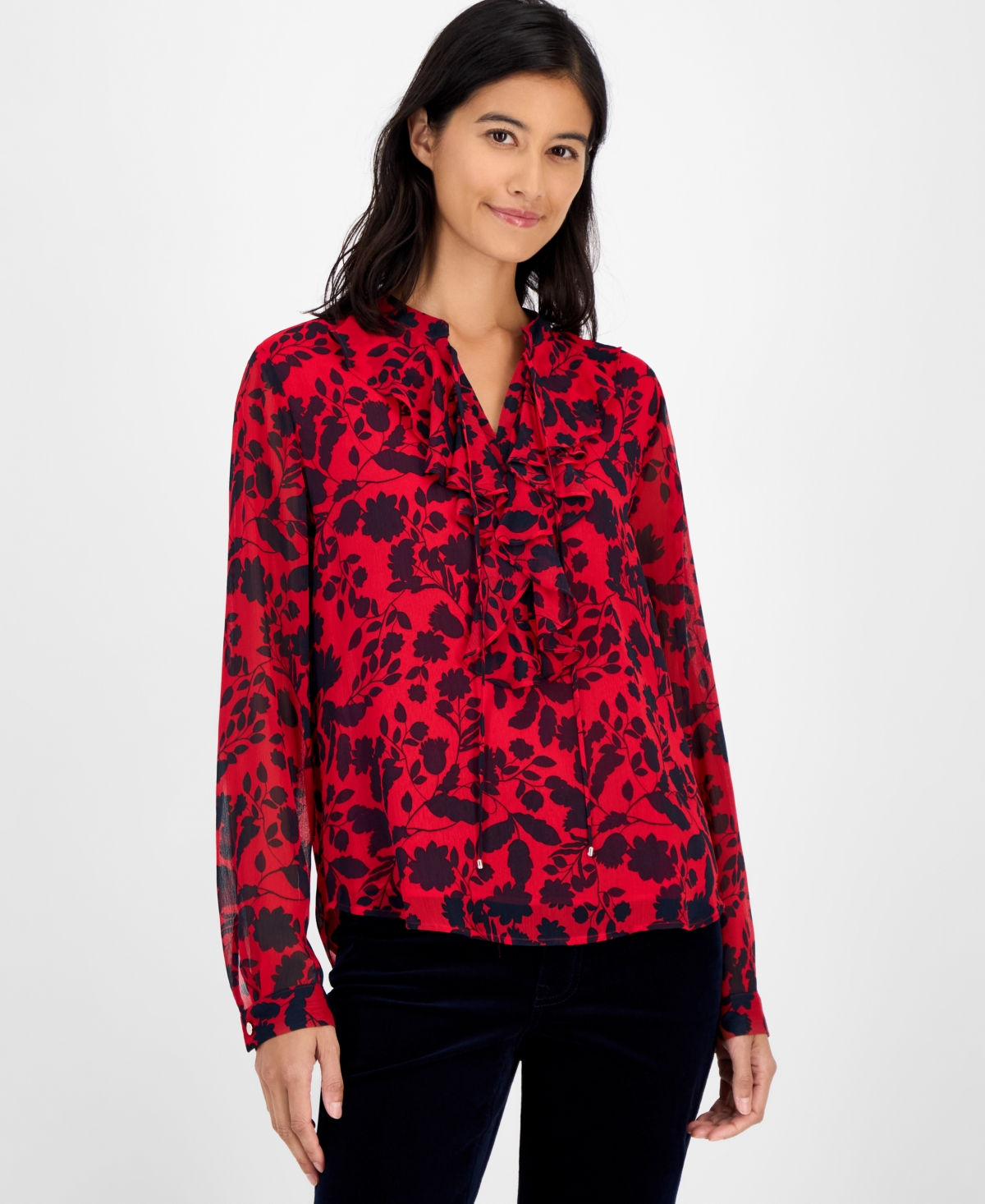 Click here for Tommy Hilfiger Womens Floral-Print Ruffled Top - S... prices