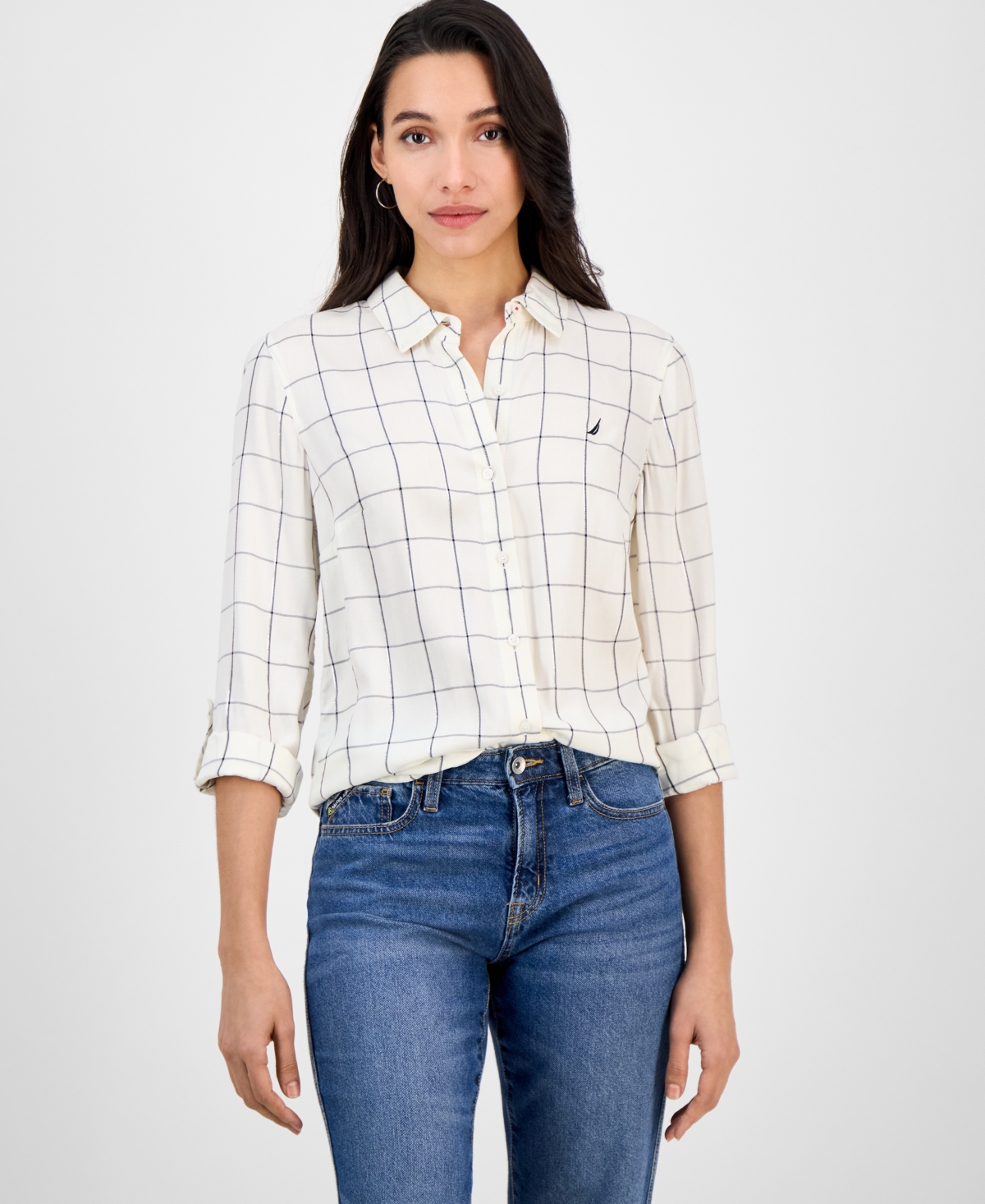 Click here for Nautica Jeans Womens Grid-Print Utility Shirt - Iv... prices