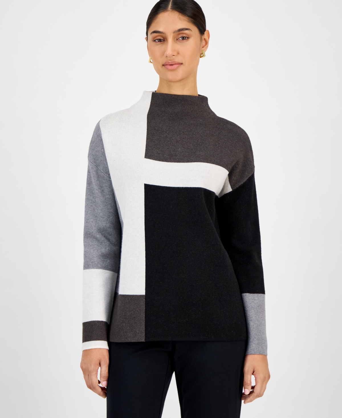 Click here for T Tahari Womens Colorblocked Funnel-Neck Sweater -... prices