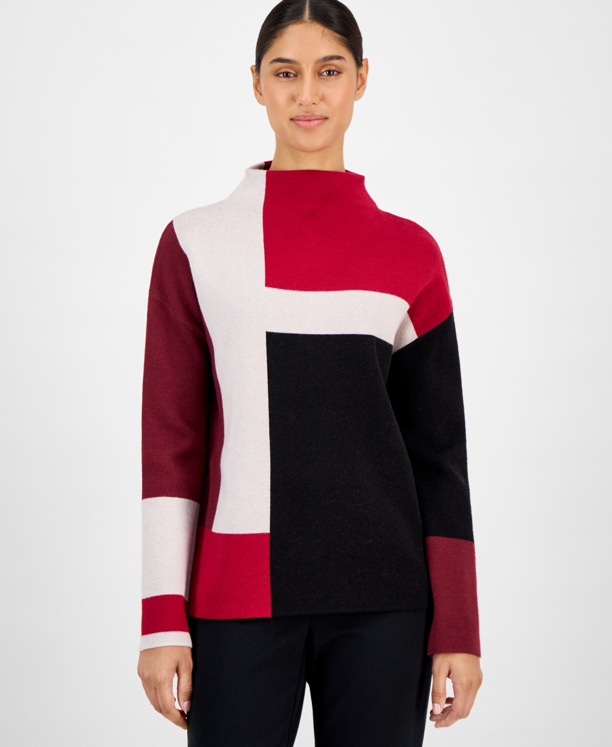 Click here for T Tahari Womens Colorblocked Funnel-Neck Sweater -... prices