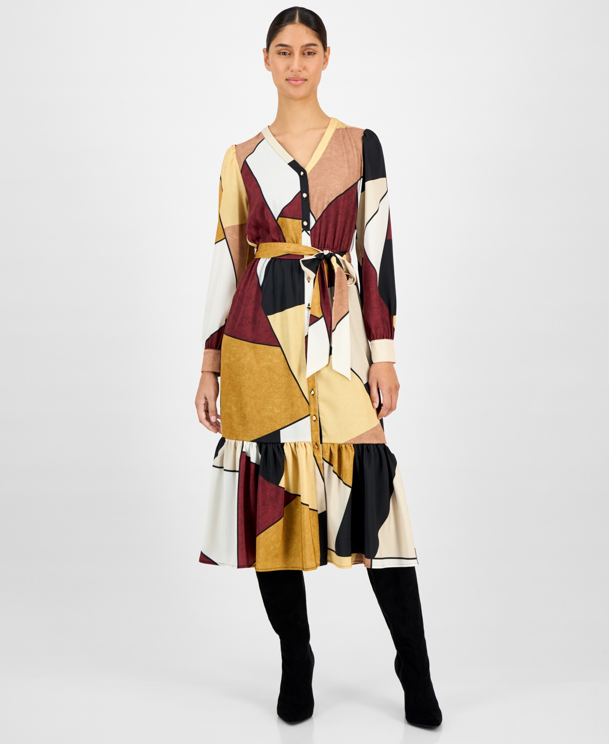 Click here for T Tahari Womens Printed Button-Front Midi Dress -... prices