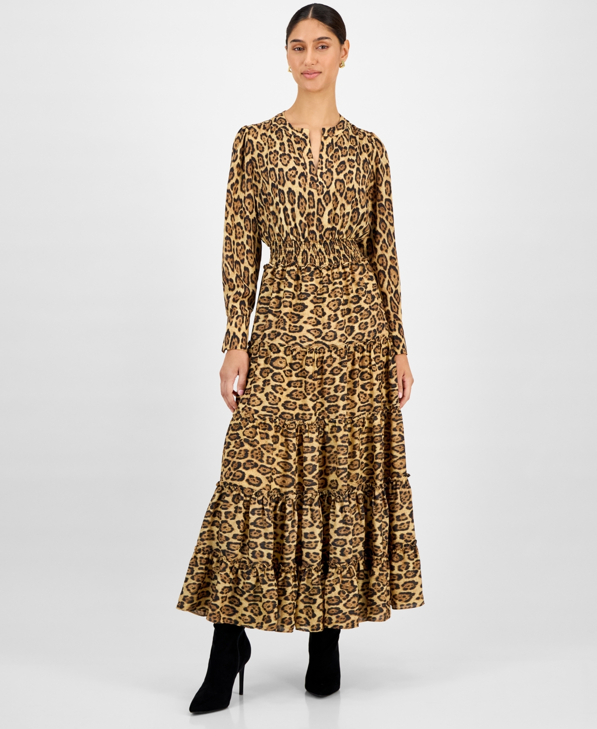 Click here for T Tahari Womens Animal-Print Split-Neck Maxi Dress... prices