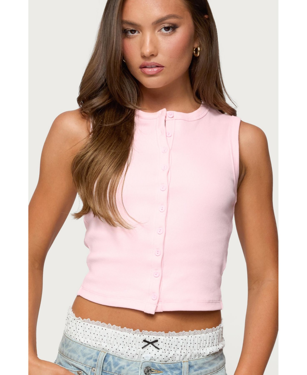 Click here for Edikted Womens Basel Button Up Tank Top - Light-pi... prices
