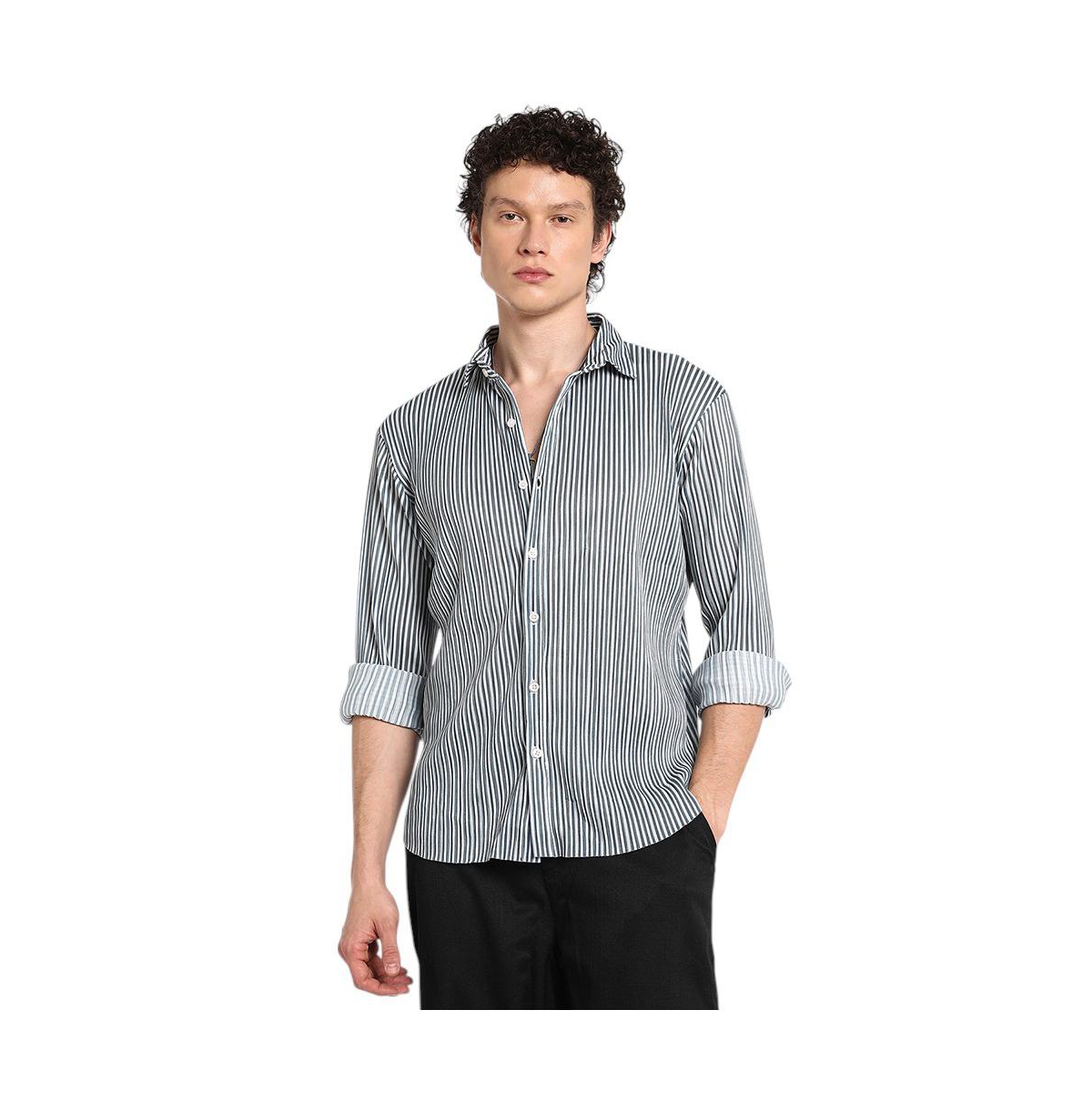 Click here for Campus Sutra Mens Midnight Black & Powder White Pl... prices