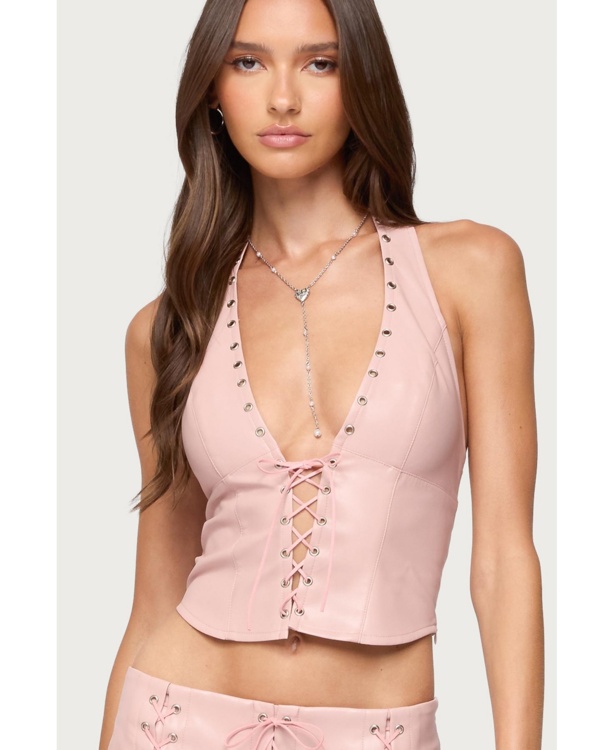 Click here for Edikted Womens Elisha Lace Up Halter Top - Pink prices