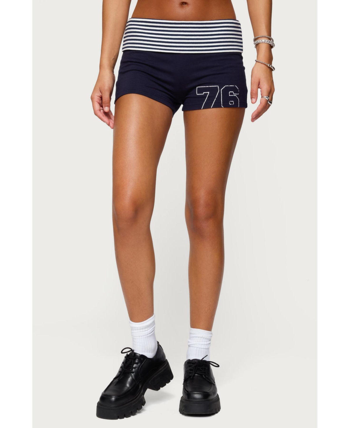 Click here for Edikted Womens 76 Stripey Fold Over Shorts - Navy-... prices