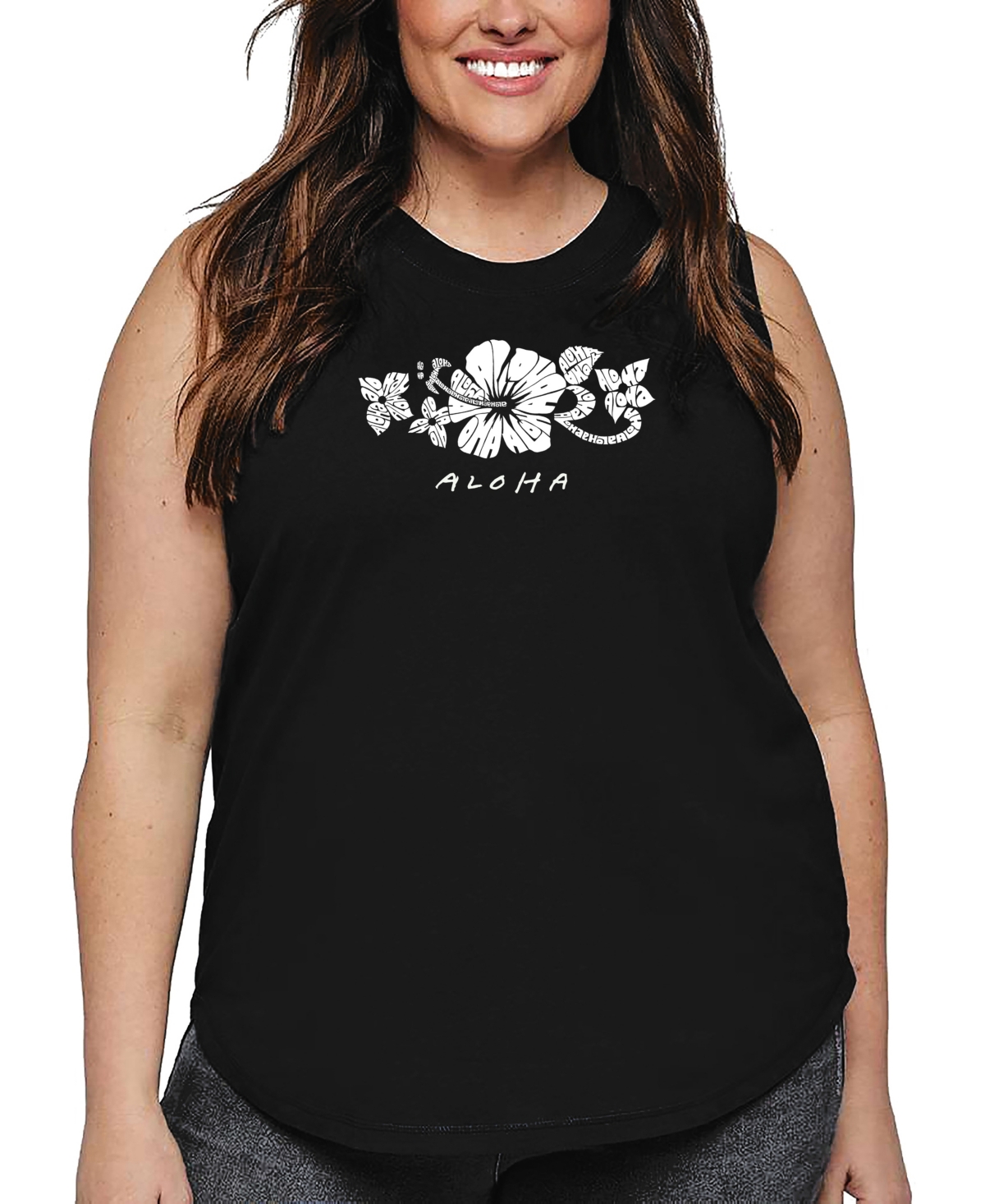 Click here for La Pop Art Plus Size Aloha Word Art Tank Top - Bla... prices