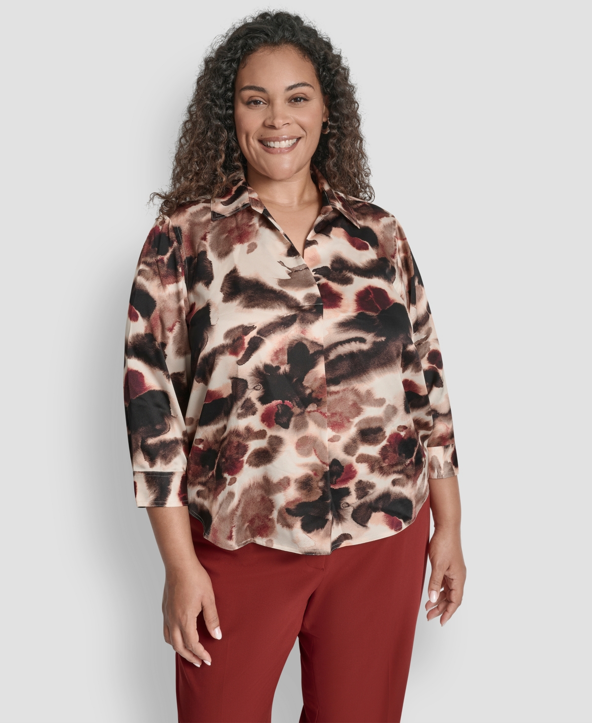 Click here for Dkny Plus Size Printed Pleat-Front 3/4-Sleeve Blou... prices