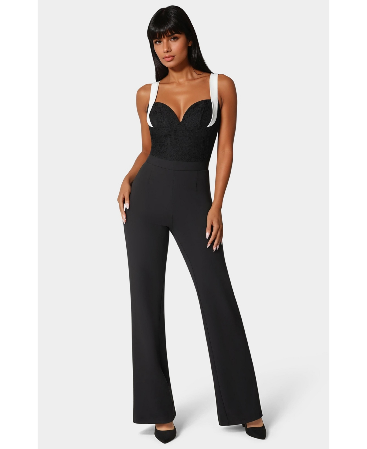 Click here for Bebe Womens Lace Insert Flared Jumpsuit - Black/wh... prices