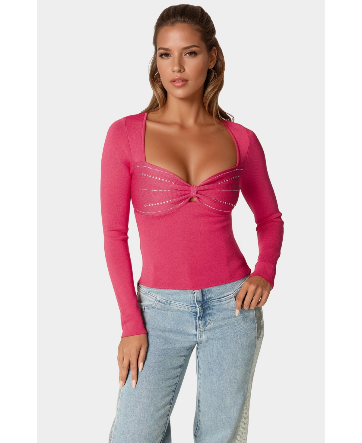 Click here for Bebe Embelished Long Sleeve Sweater - Raspberry prices