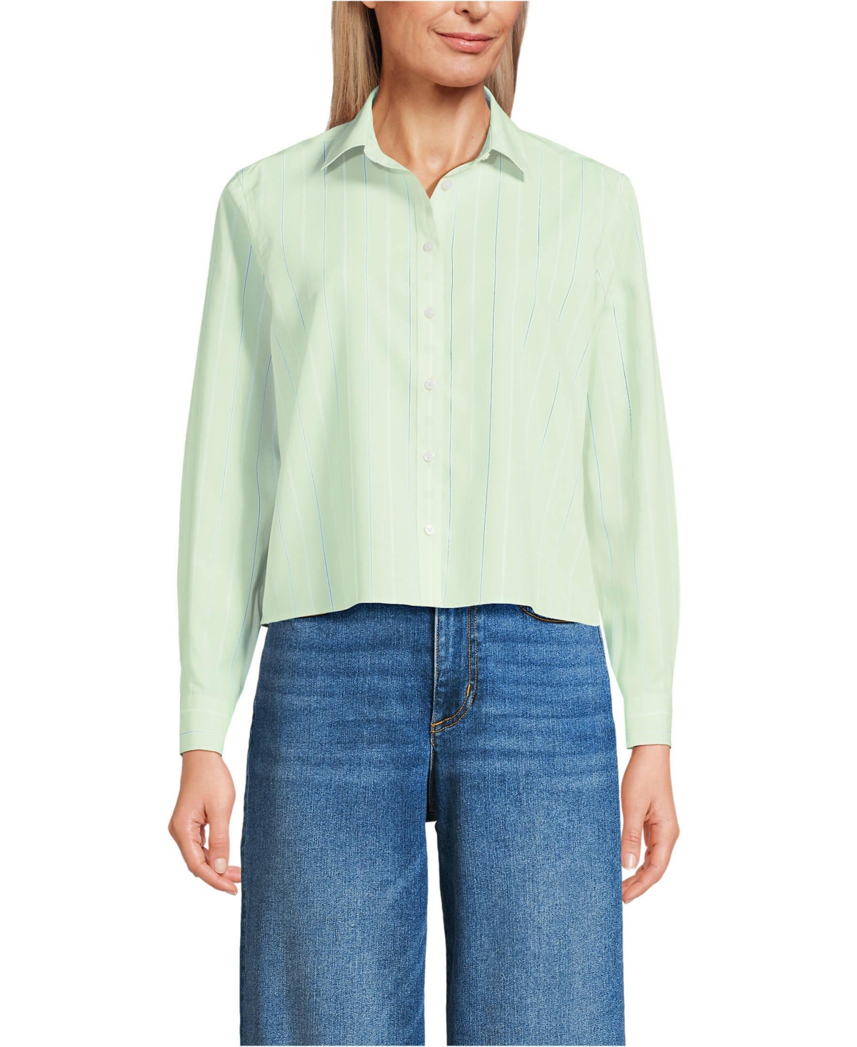 Click here for Lands End Womens No Iron Boxy Cropped Shirt - Icy... prices