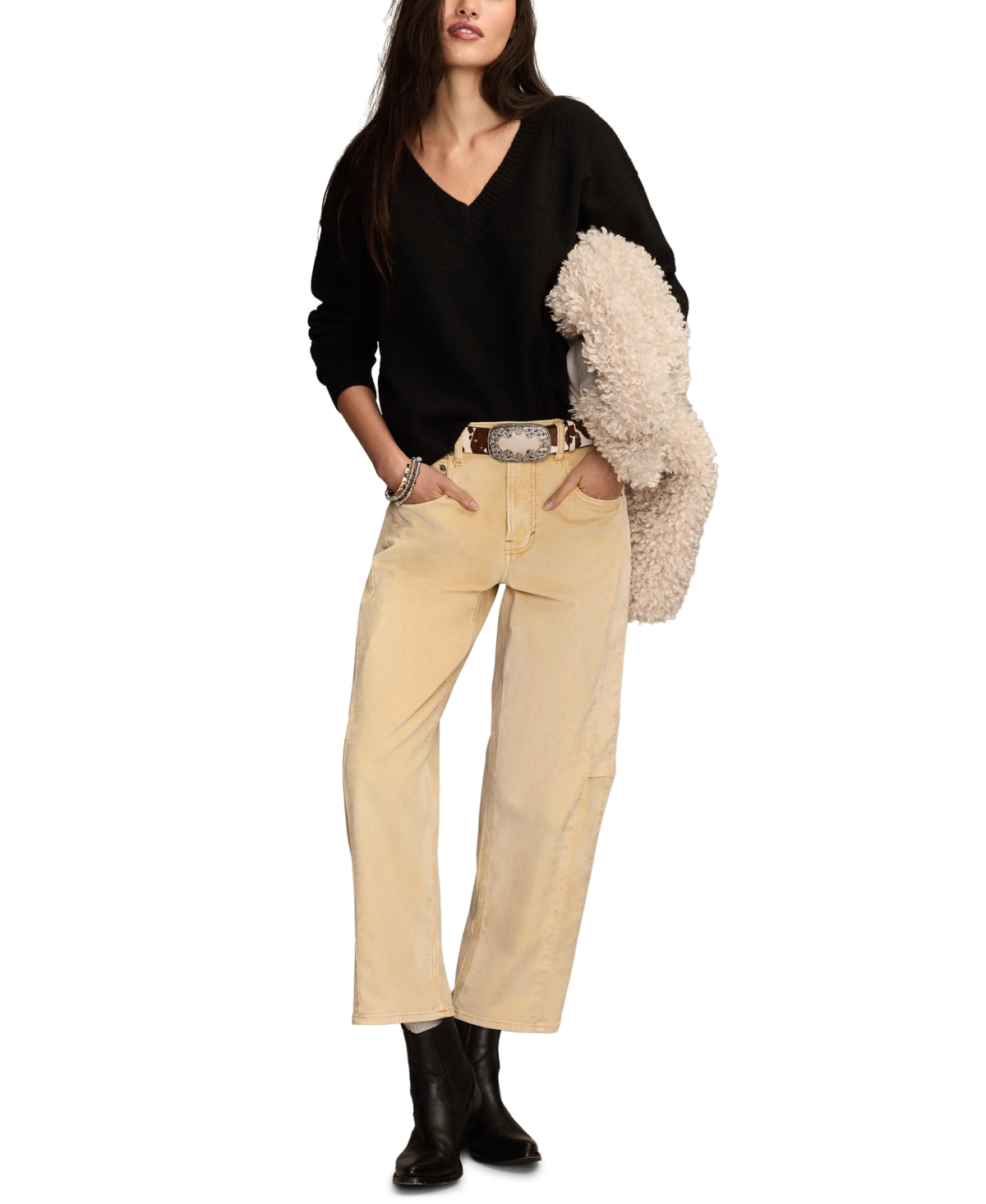 Click here for Lucky Brand Womens Waffle V-Neck Sweater - Caviar prices