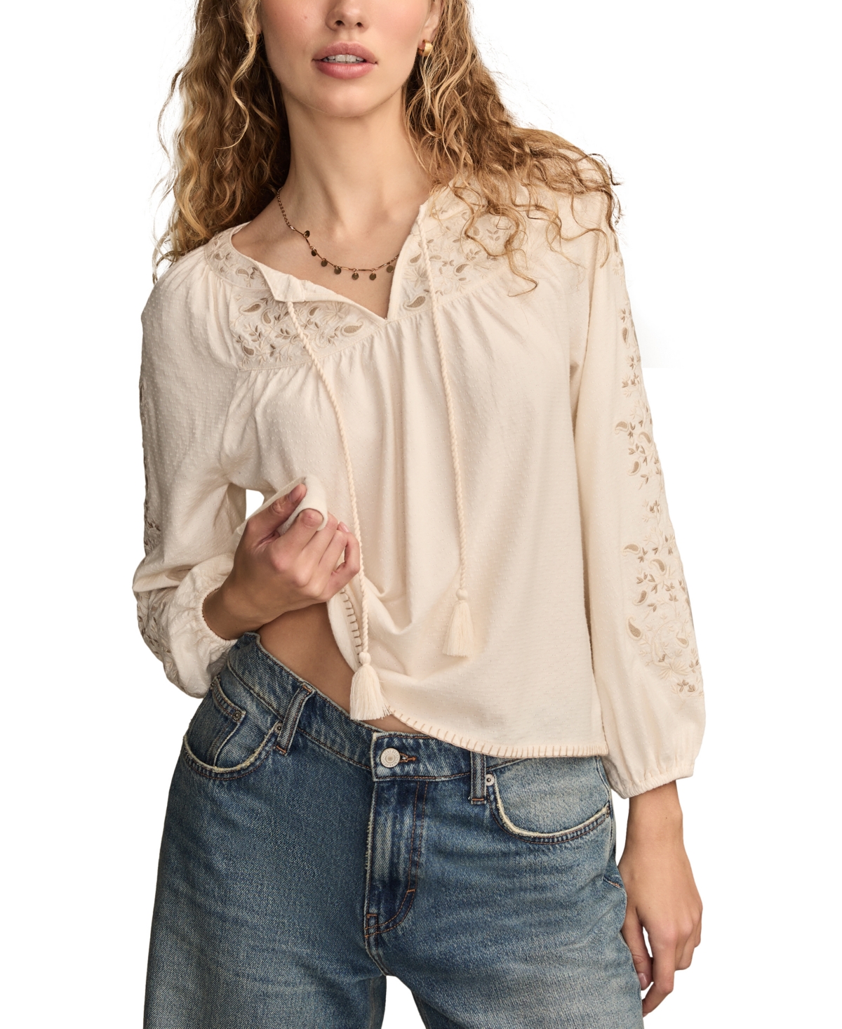 Click here for Lucky Brand Womens Embroidered Bubble Peasant Top... prices