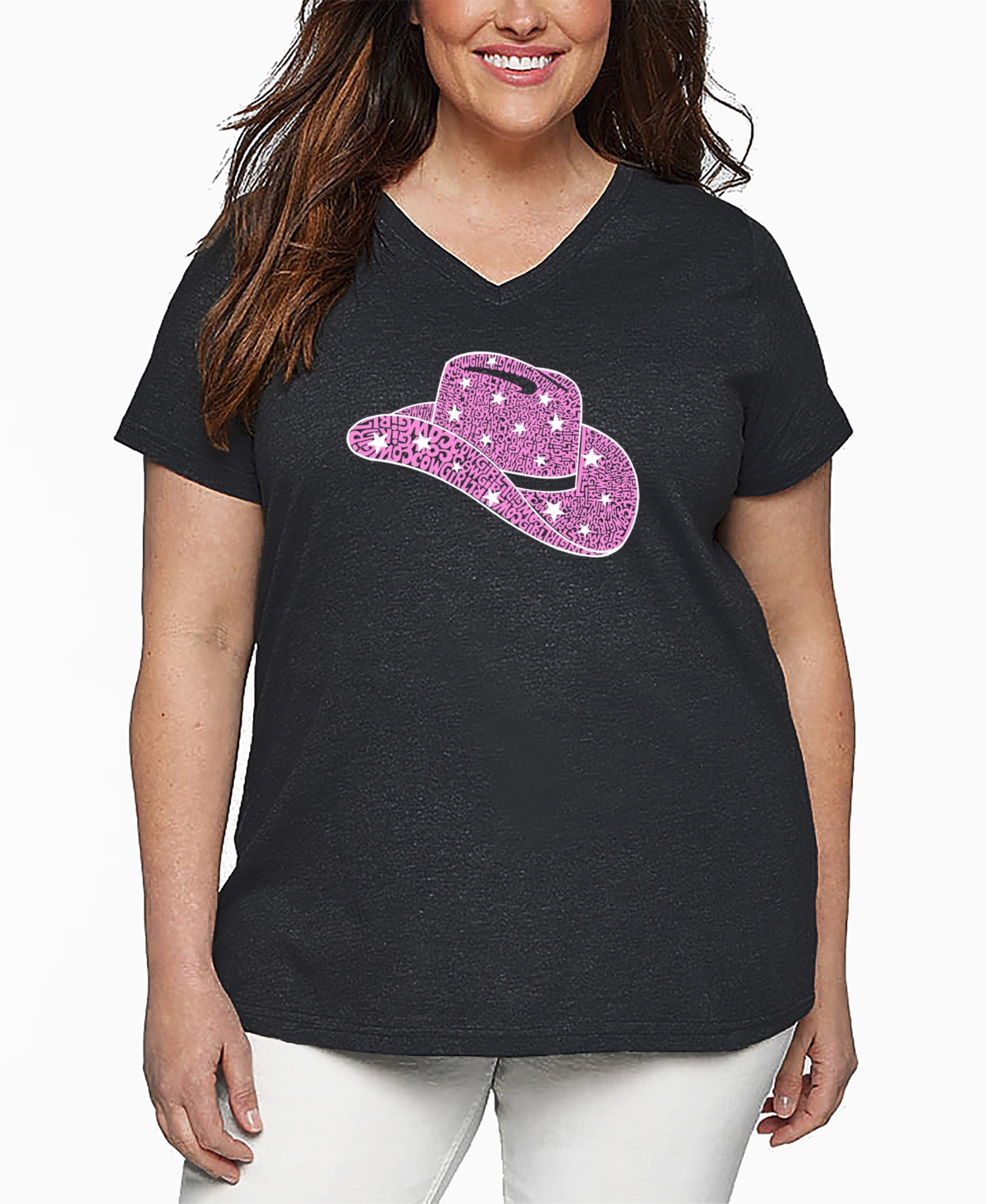 Click here for La Pop Art Plus Size Cowgirl Hat Word Art V-Neck T... prices