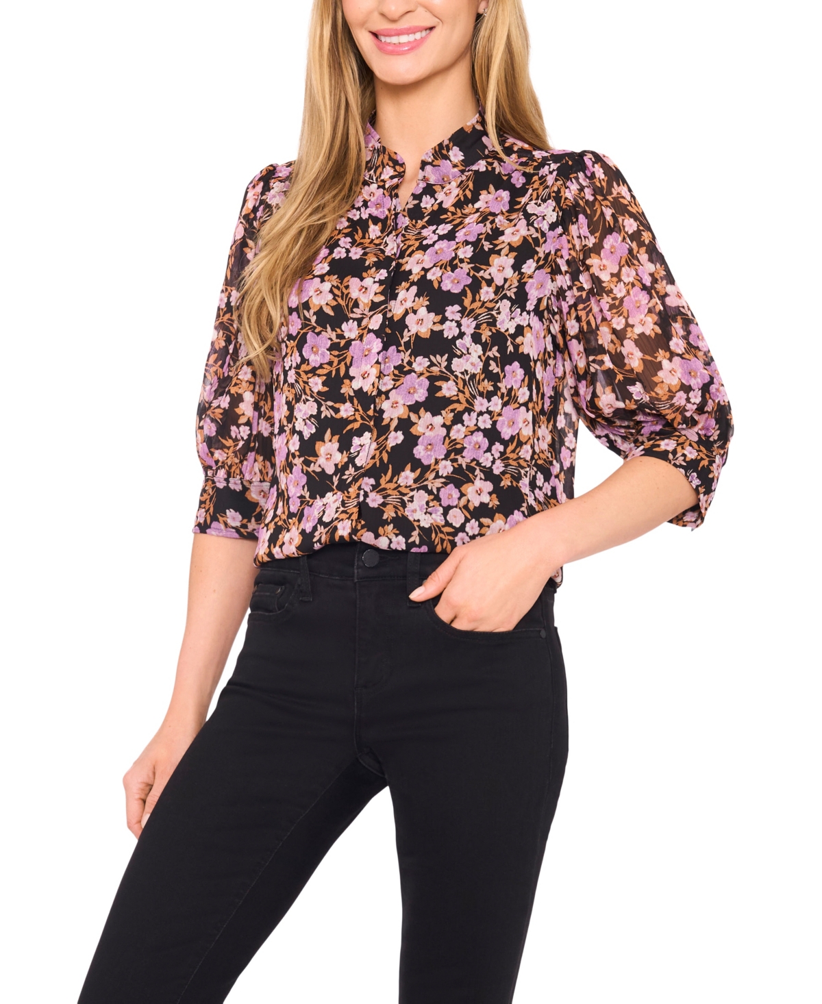 Click here for CeCe Womens Ruched Sleeve Hidden Placket Open Coll... prices