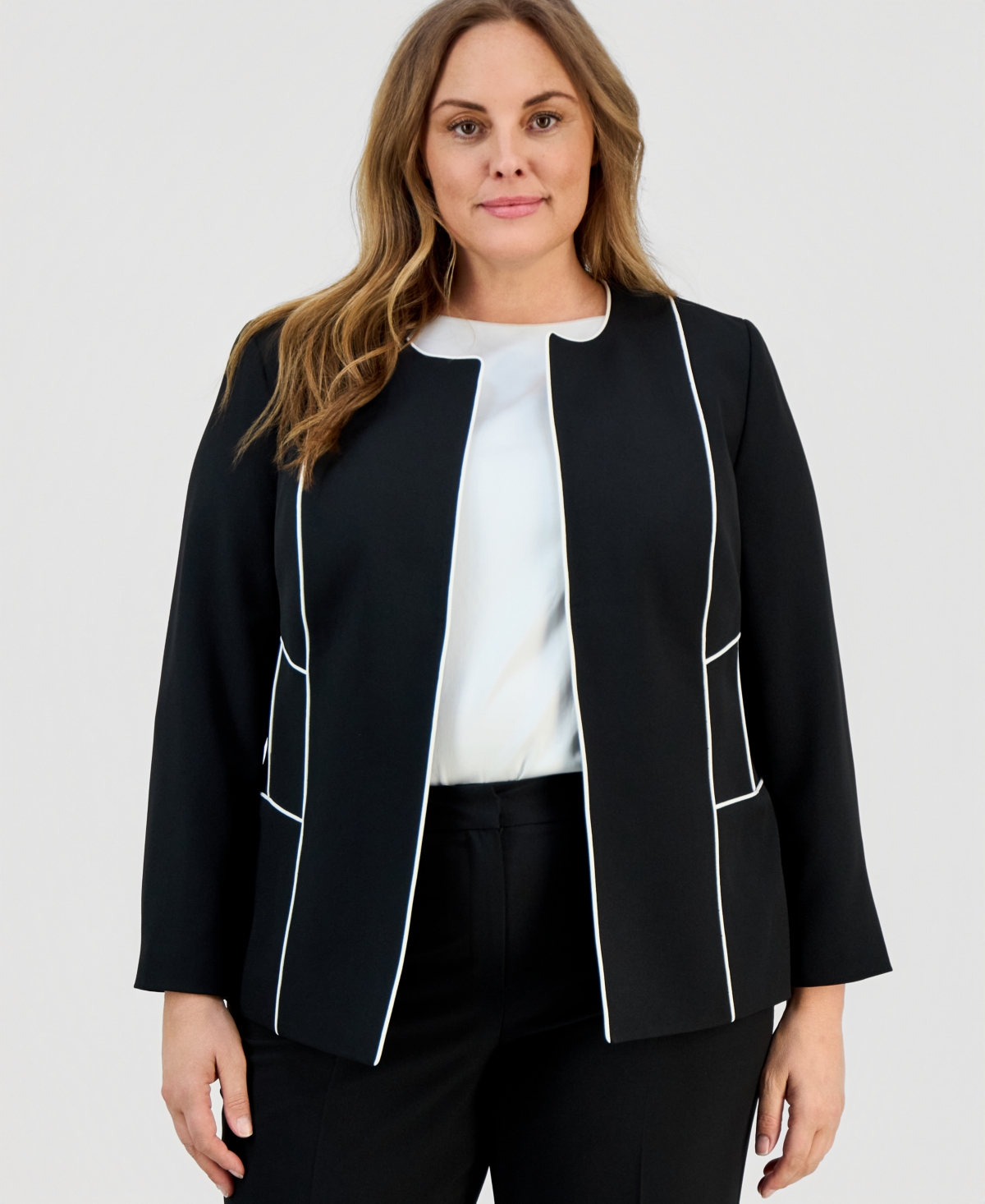 Click here for Kasper Plus Size Piping-Trim Open-Front Cardigan -... prices