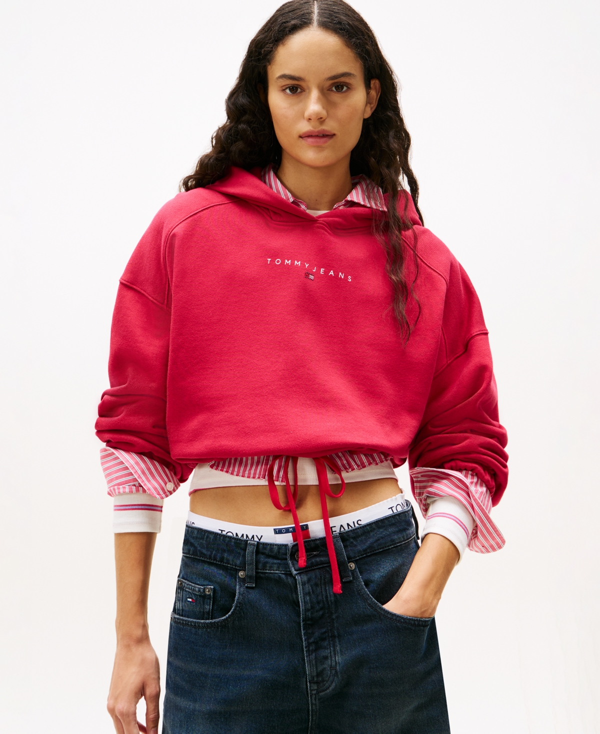 Click here for Tommy Jeans Womens Crop Linear Bling Hoodie - Ruby... prices
