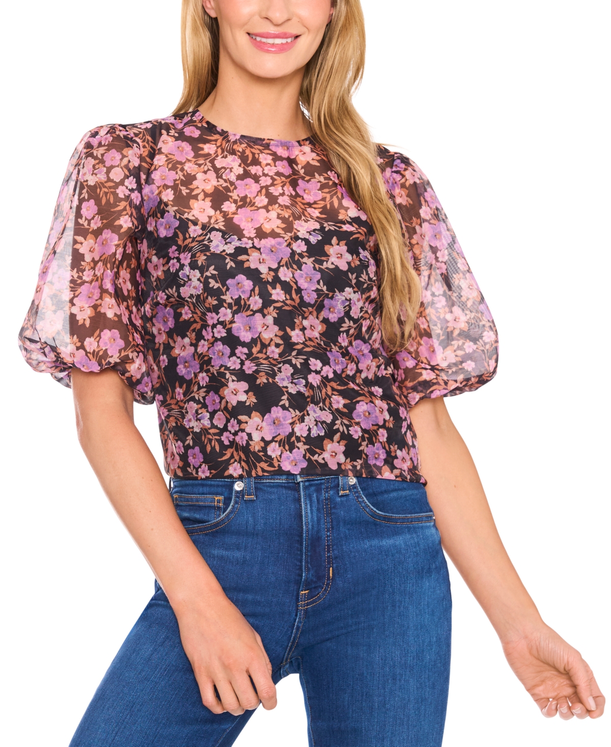 CeCe Womens Balloon Sleeve Crew Neck Top - Rich Black