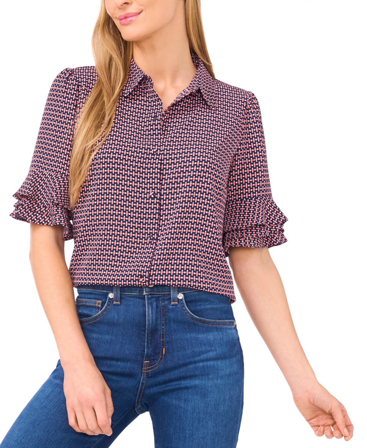 Click here for CeCe Womens Button Up Collared Elbow Ruffle Sleeve... prices
