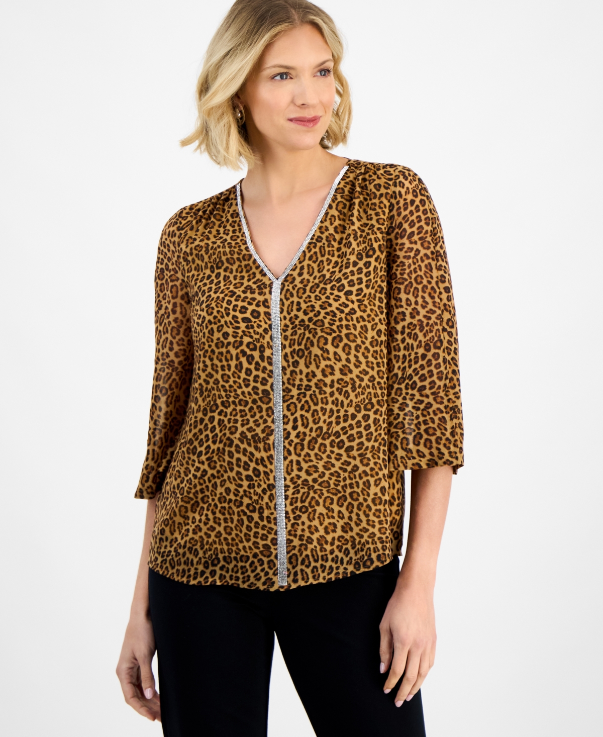 Click here for Jm Collection Womens Embellished Printed Blouse  M... prices
