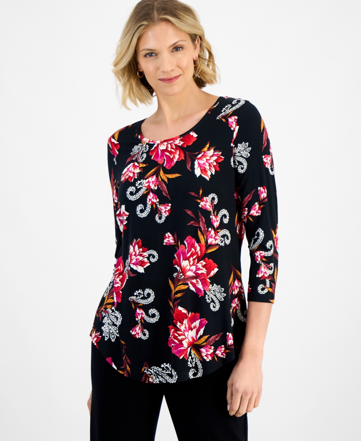 Click here for Jm Collection Womens Printed Scoop-Neck 3/4-Sleeve... prices