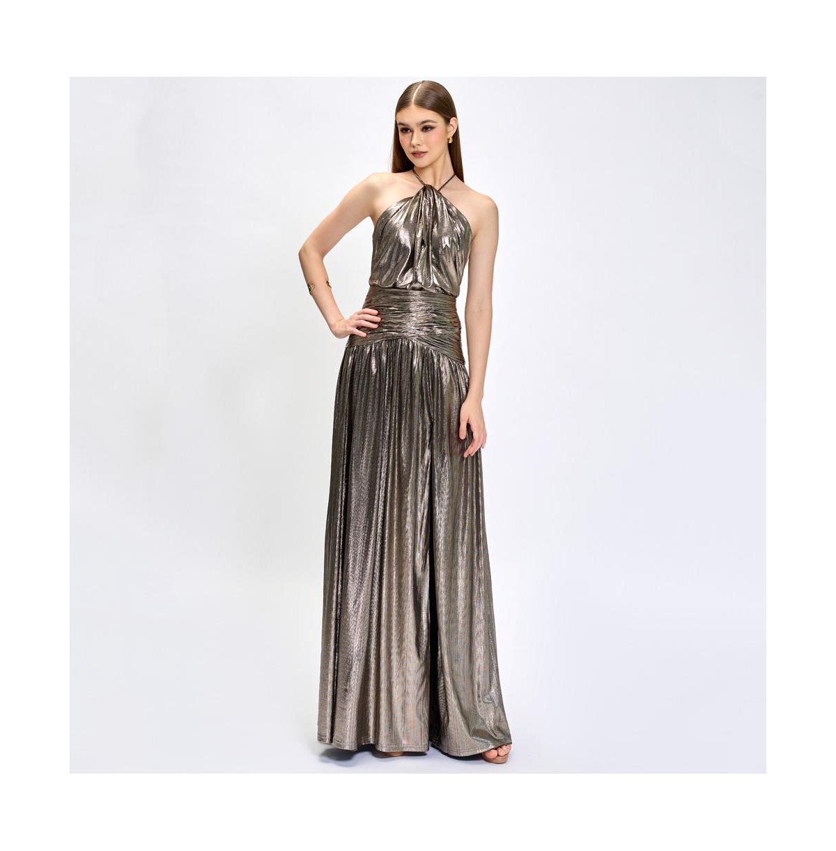 Click here for Bariano Womens Aisha Ruched High Neck Gown - Gold prices