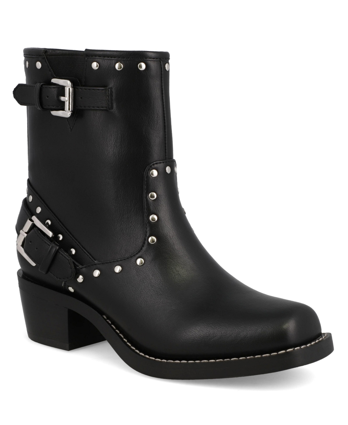 Click here for Mia Womens Delores Square Toe Studded Buckle Booti... prices