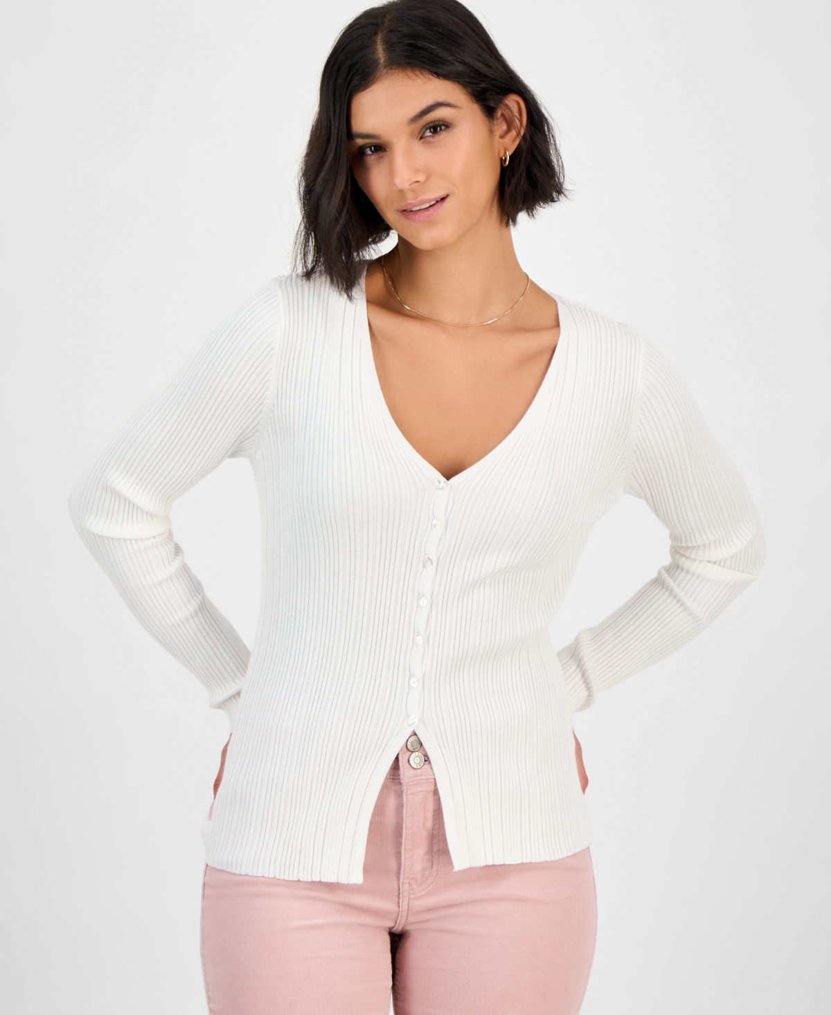 Click here for Ultra Flirt Juniors V-Neck Ribbed Fine Gauge Flyaw... prices