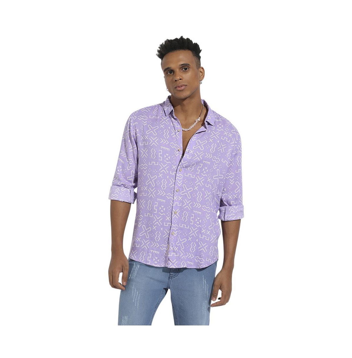 Click here for Campus Sutra Mens Lavender Minimal Aztec Shirt - P... prices