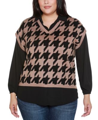 Belldini Plus Size Houndstooth Two-Fer Sweater - Macy's