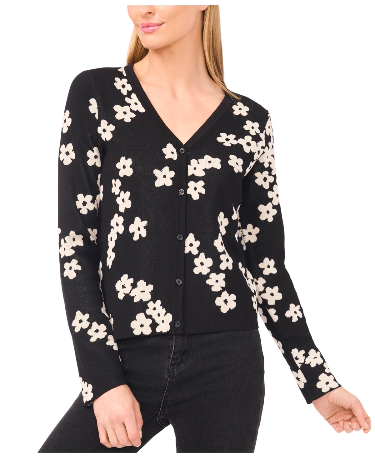 CeCe Womens Flower Jacquard Cardigan Sweater - Rich Black