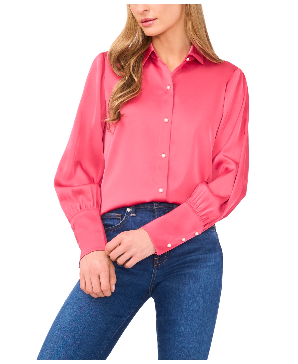 Click here for CeCe Womens Luxe Satin Imitation Pearl Button Down... prices