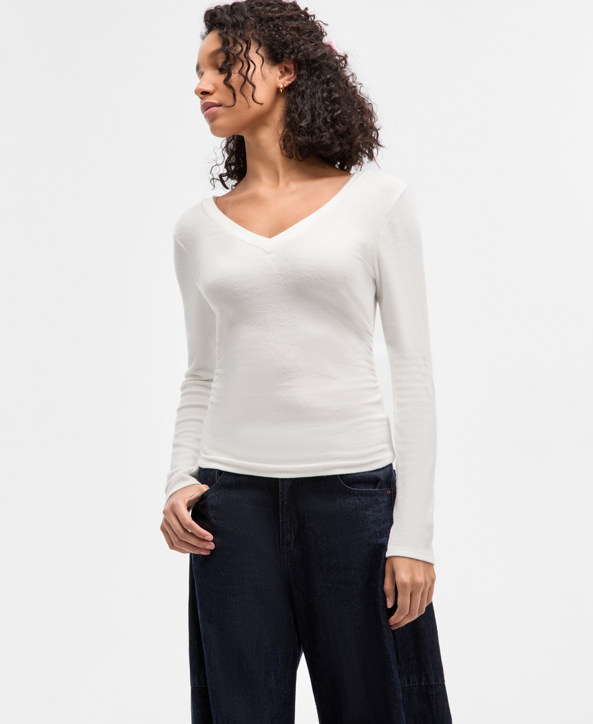 Click here for Madden Girl Juniors Double V-Neck Ruched Long-Slee... prices