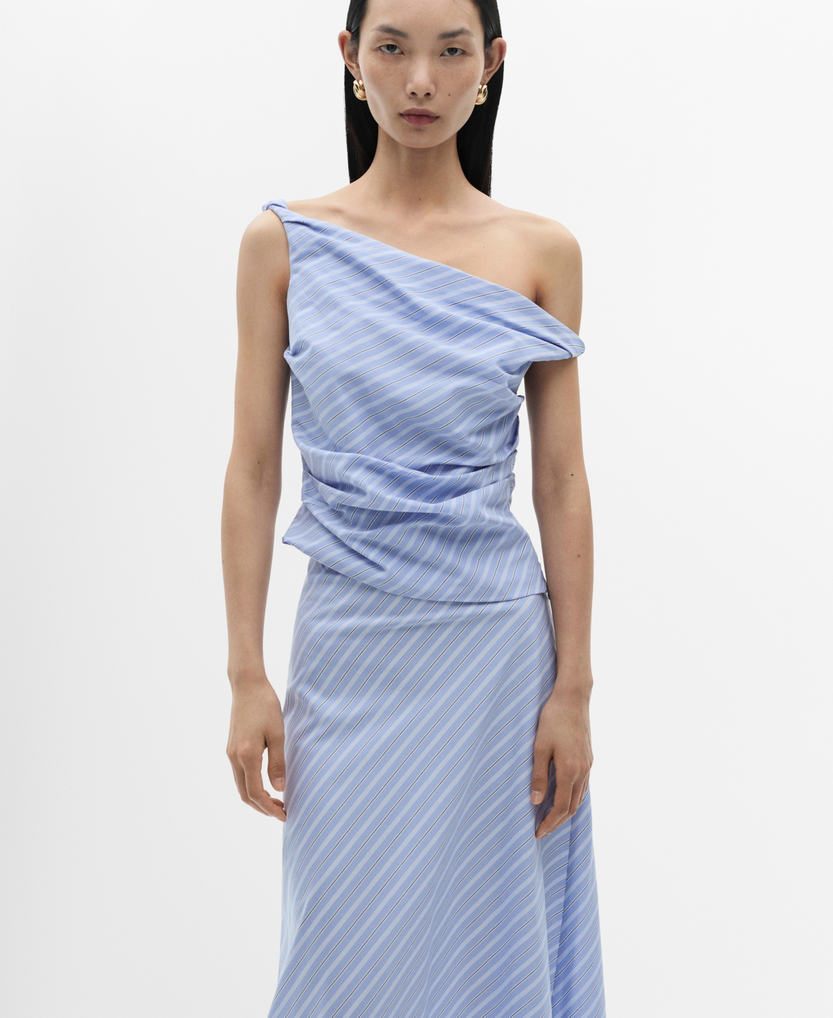 Click here for Mango Womens Striped Draped Asymmetric Top - Blue prices